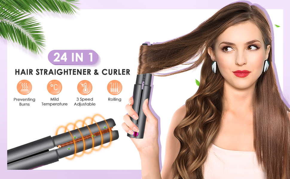 Cordless Hair Straighteners and Curler, 2 in 1 Travel Flat Iron Hair Straightener and Curler for ...