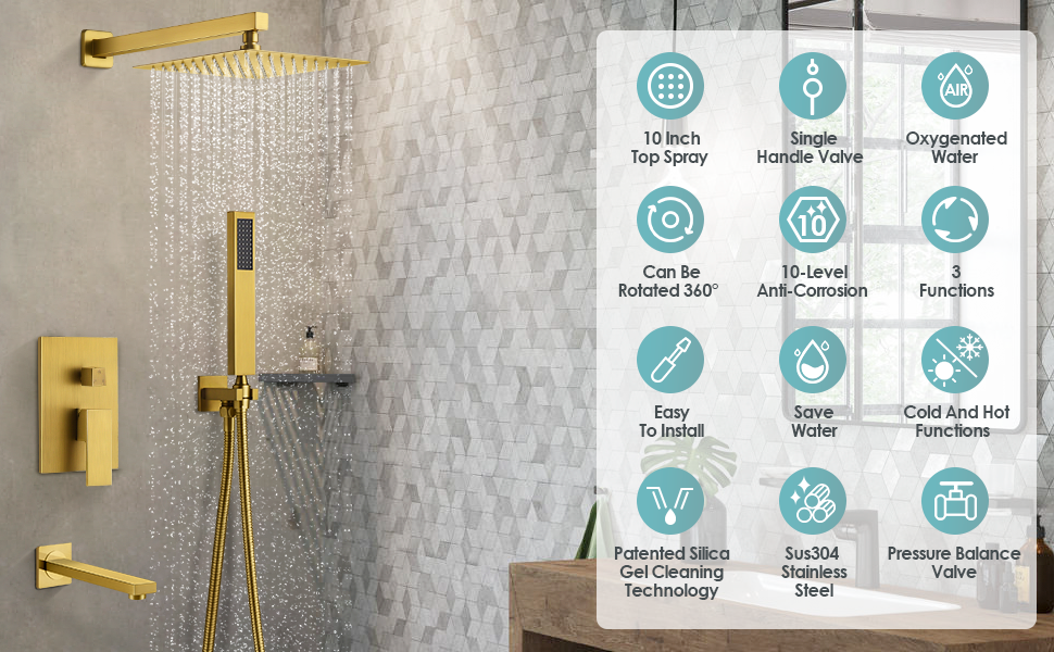 EVERSTEIN Shower System with Tub Spout: 10 Inch Shower Faucet Set Complete with High Pressure ...