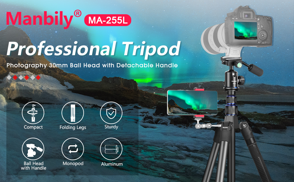Camera Tripod Manbily 74" Aluminum Travel Tripod Monopod Stand Lightweight Compact for DSLR ...