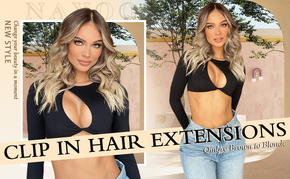 Amazon.com : NAYOO Clip in Hair Extensions for Women 14 Inch Short Wavy Curly Ombre Brown to ...