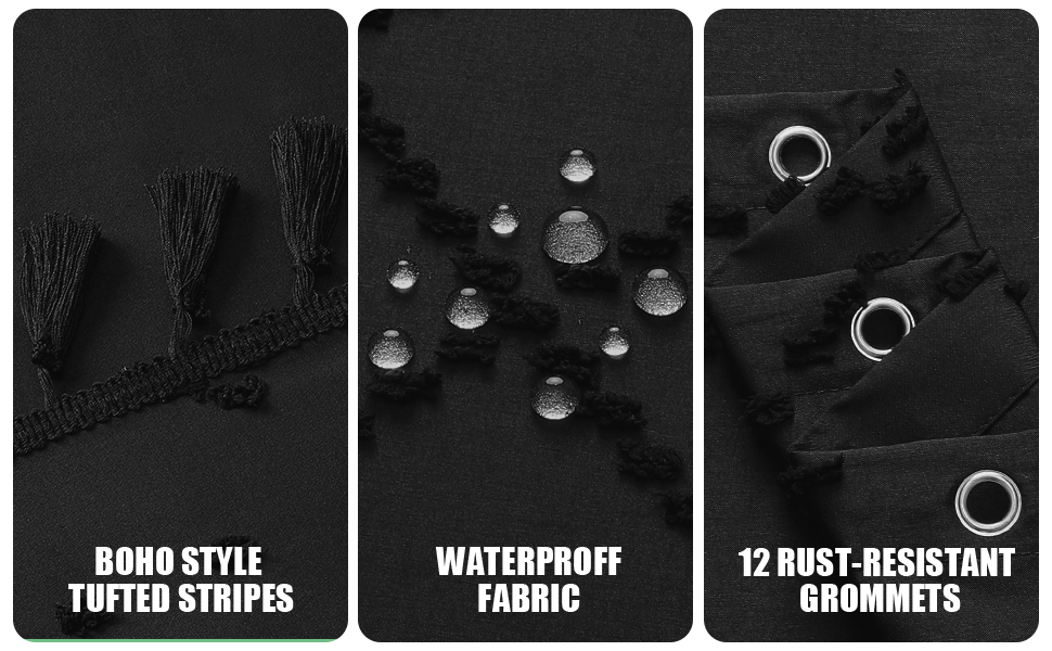 Amazon.com: Dynamene Black Fabric Shower Curtain, Boho Tufted Geometric Striped Tassel Shower ...