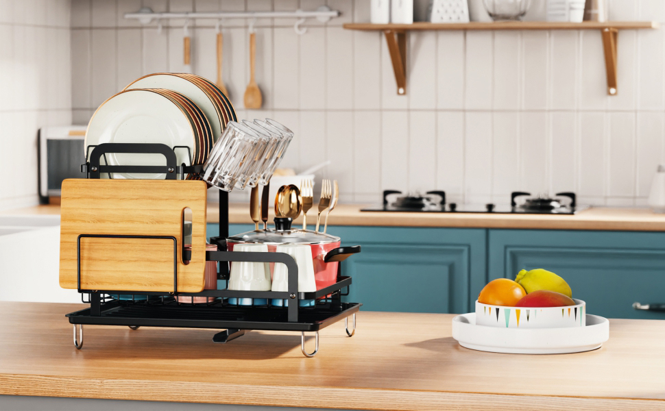 GSlife Dish Drying Rack with Drainboard - 2 Tier Dish Racks for Kitchen Counter with Cup Holder ...