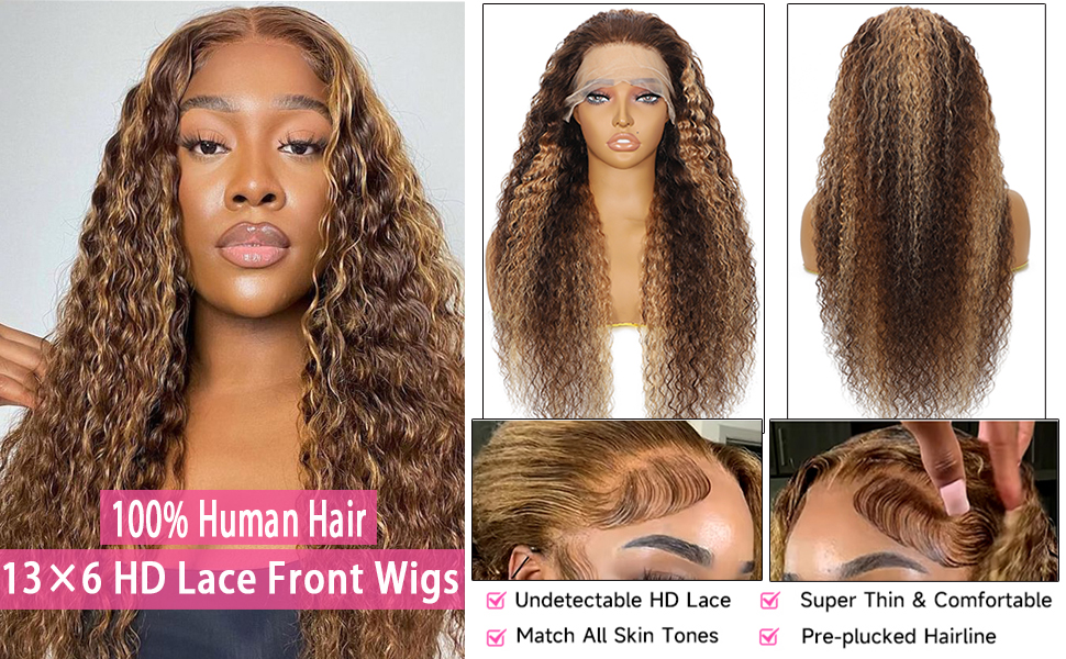 Amazon.com : PXTPXT 32 Inch Highlight Ombre Lace Front Wig Human Hair 4/27 Colored Honey Blonde ...