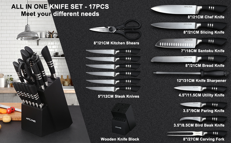 Set 17Pcs Couteau de cuisine Professionnels en acier inoxydable avec bloc à couteaux en bois ...