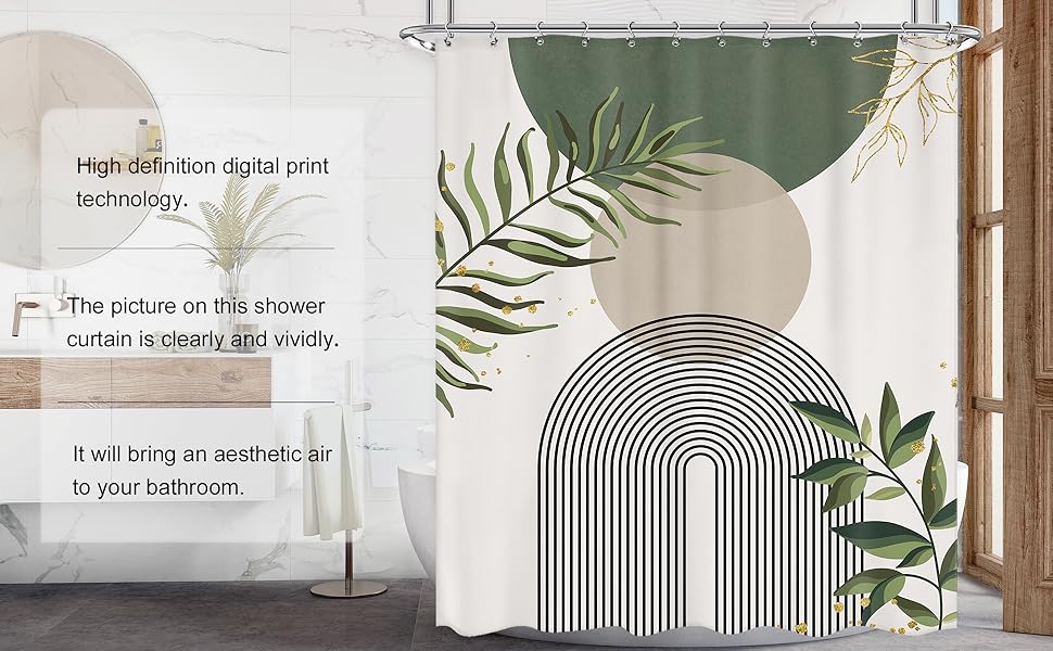 Amazon.com: Mitpok Sage Green Boho Mid Century Shower Curtain 60Wx72H Abstract Gold Leaves Plant ...
