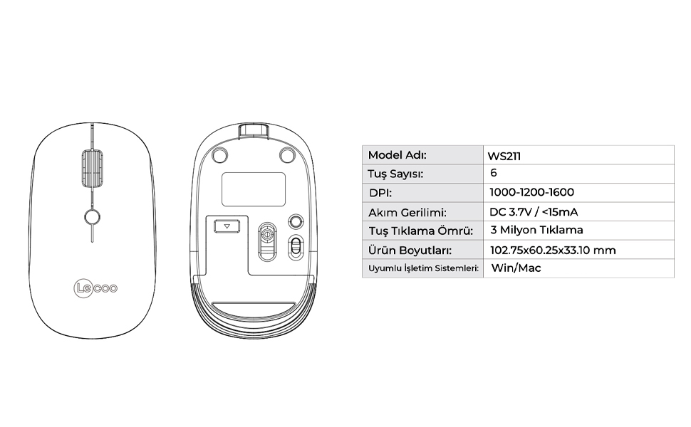 Lecoo WS211 Kablosuz 1600DPI 6 Tuşlu Dual Mod RGB 2.4GHz WiFi+ Bluetooth, Şarj Edilebilir ...