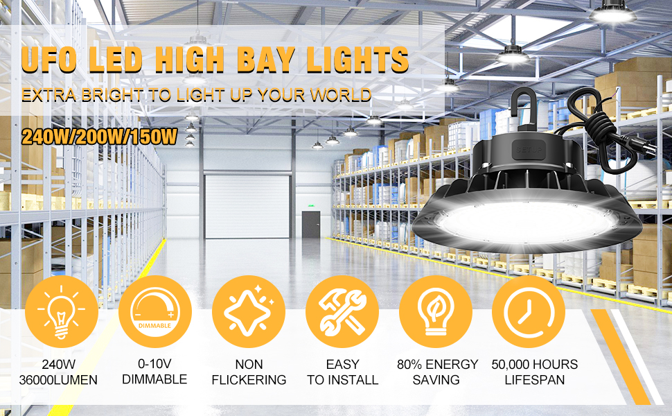 UFO LED High Bay Light 240W 6 Pack, Wattage Selectable No Flicker High Bay 0-10V Dimmable, 5 ...