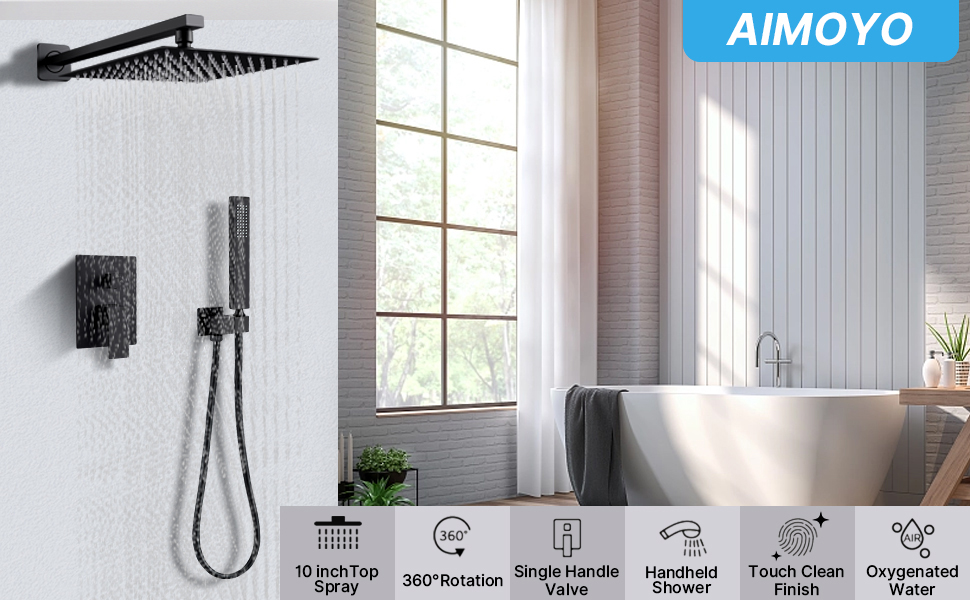 Black Shower Faucet Set Rain Shower System with 10 Inch Shower Head Combo Set Handheld Spray ...