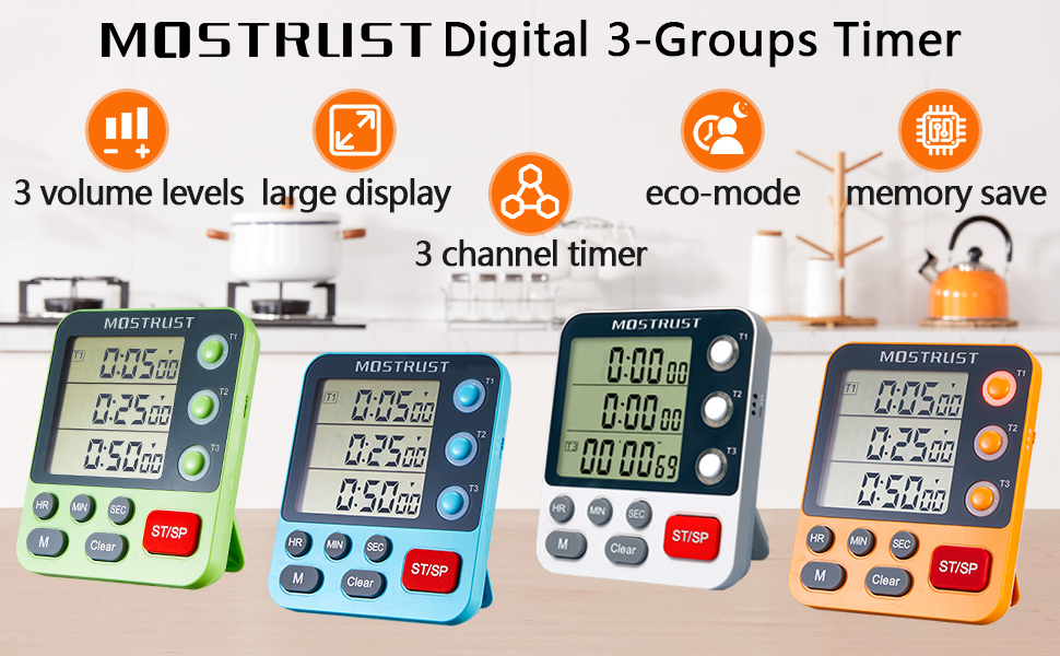 MOSTRUST Digital Dual Kitchen Timer, 3 Channels Count UP/Down Timer, Cooking Timer, Large ...