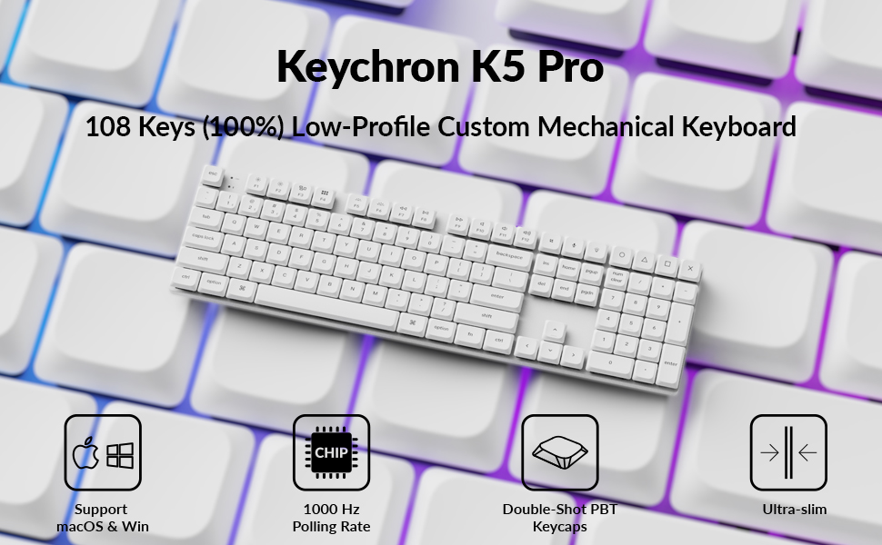 Amazon.com: Keychron K5 Pro Ultra-Slim QMK/VIA Custom Mechanical Keyboard, Full Size 108-Key ...