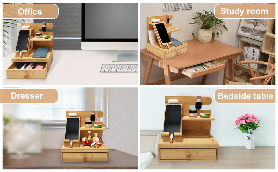 Bamboo Desktop Phone Docking Station with Drawer, Home & Office Wallet ...