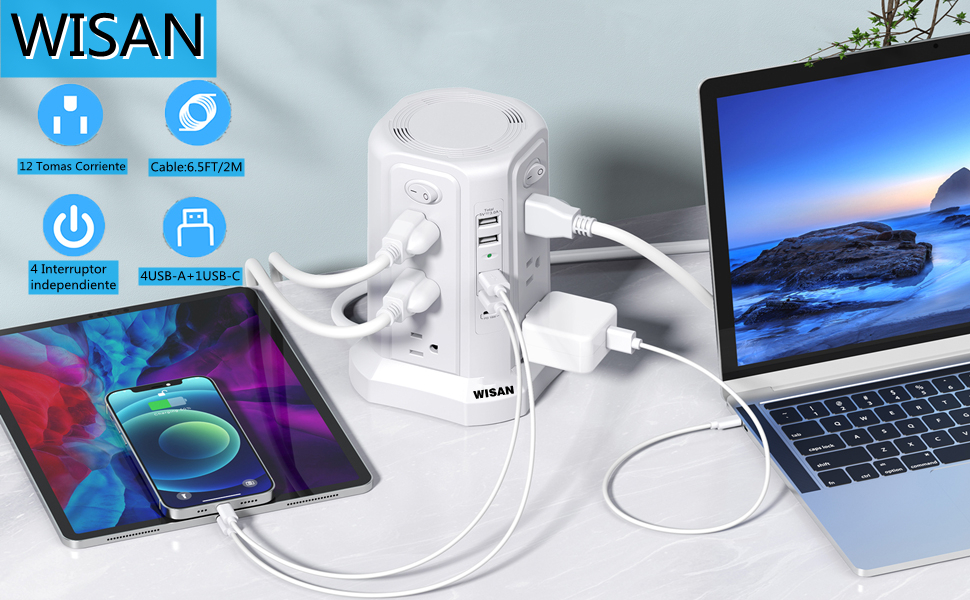 WISAN Regleta Vertical Torre sobretensión de 12 Tomas, con 4 Puertos de Carga USB-A y 1 USB-C ...