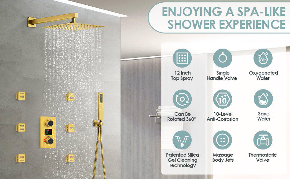 Shower System with Body Jets: EVERSTEIN 12 Inch Full Body Shower Faucet Sets with LED ...