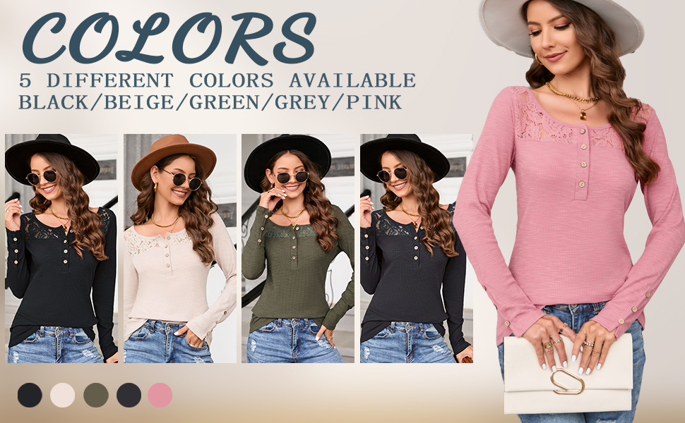 JoyJoy Women's Henley Lace Trim Scoop Neck Beige Shirts Long Sleeve ...