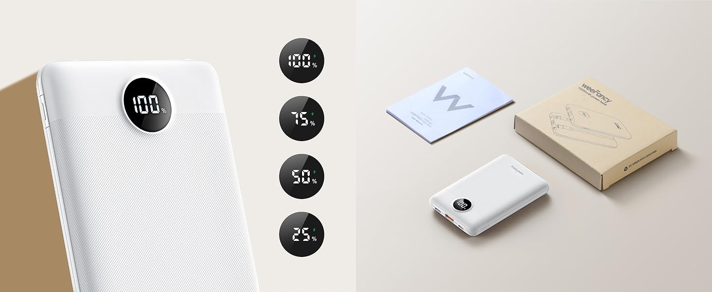 Amazon | モバイルバッテリー 軽量 小型 大容量 薄型 10000mAh ケーブル内蔵 急速充電 WeeFancy 22.5W PD QC 3.0 USB Type-C出力/入力ポート ...