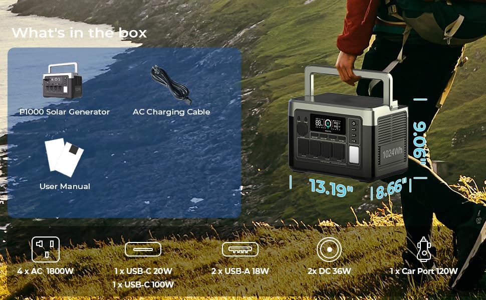Amazon.com: OUKITEL P1000 Plus 1024Wh Solar Generator with 4 AC Outlets (3600W Peak), 1800W ...