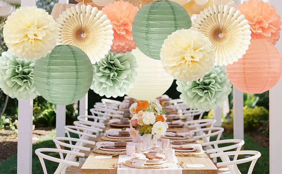 Sage Green Party Decorations Sage Cream Peach Tissue Paper Pom Poms Paper Lanterns Paper Fans ...