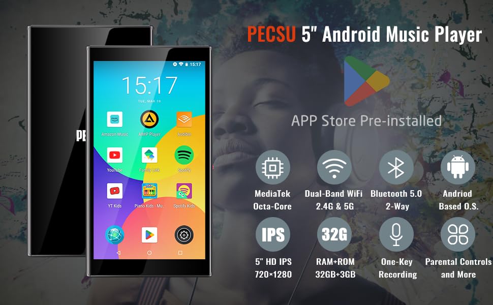 Amazon.com: Pecsu MP3 Player with Bluetooth and WiFi 5 inch MP3 Player for Kids with Parental ...