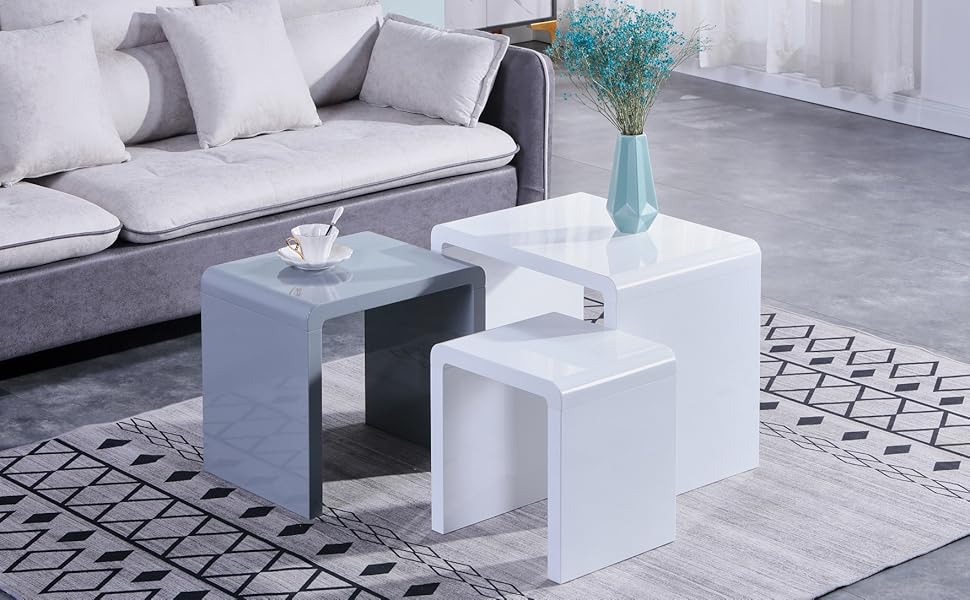 GOLDFAN Nest of 3 tables Modern High Gloss Coffee Table Set Living Room Bedside Tables,Multi ...