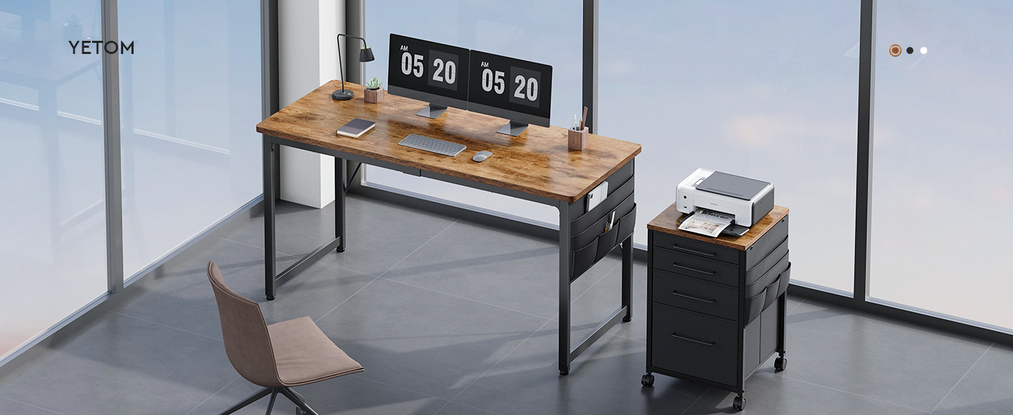 Amazon | YeTom 机 デスク パソコンデスク pcデスク 幅140*奥行60cm つくえ 収納袋付き勉強机 フック付き学習机 組立簡単 テレワーク ピンテージ | パソコンデスク ...