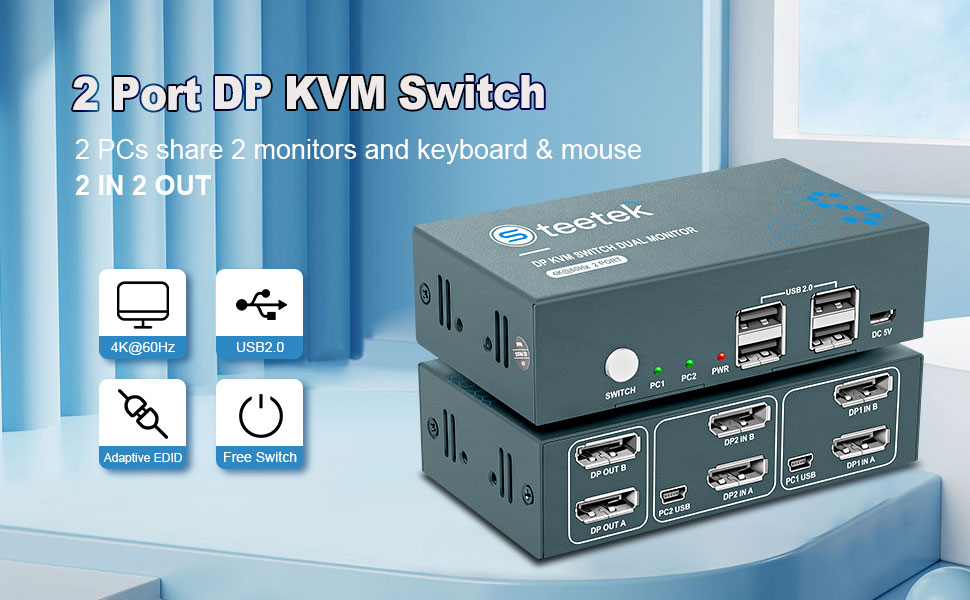 Amazon.com: Steetek Displayport Dual Monitor KVM Switch, 4K@60Hz ...