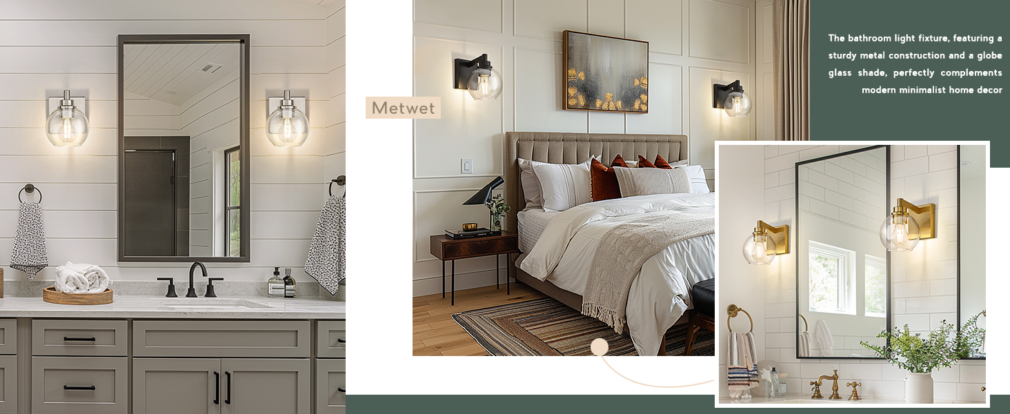 METWET Bathroom Light Fixtures, 3-Light Matte Black Vanity Light, Modern Wall Sconces with Milk ...