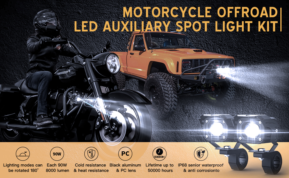 DZCULB Motorcycle LED Driving Fog Lights Kit Motorcycle Offroad Auxiliary Spot Light 90W 8000LM ...