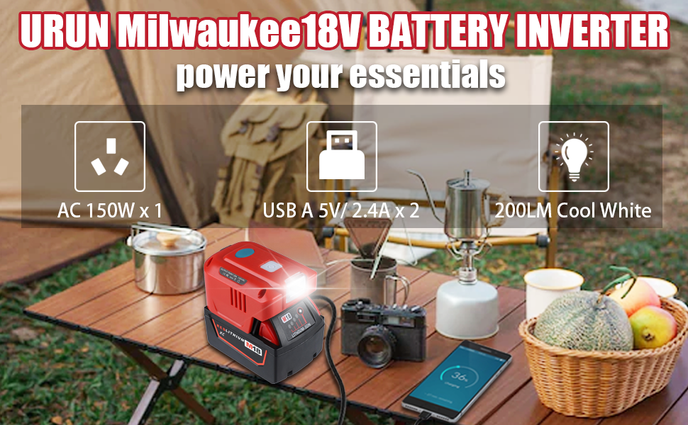 150W Phone Charger Adapter for Milwaukee M18 18V, URUN DC 18V to AC 120V Power Inverter ...