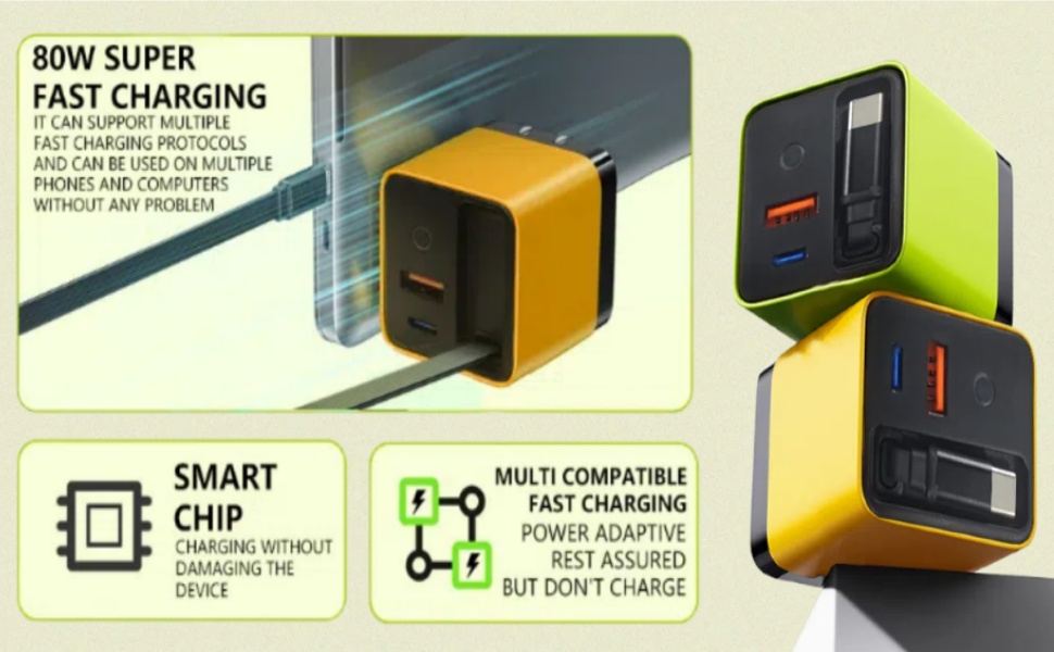 Amazon.com: 3 in 1 Gan Charger,Scalable 80w Max Fast Charger Module with Type-C Cable and 2 USB ...