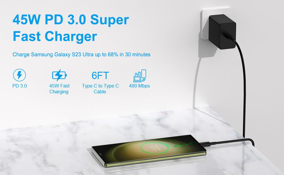 Amazon.com: 45W Samsung USB C Super Fast Charger, Type C Charger Fast Charging Wall Block with ...