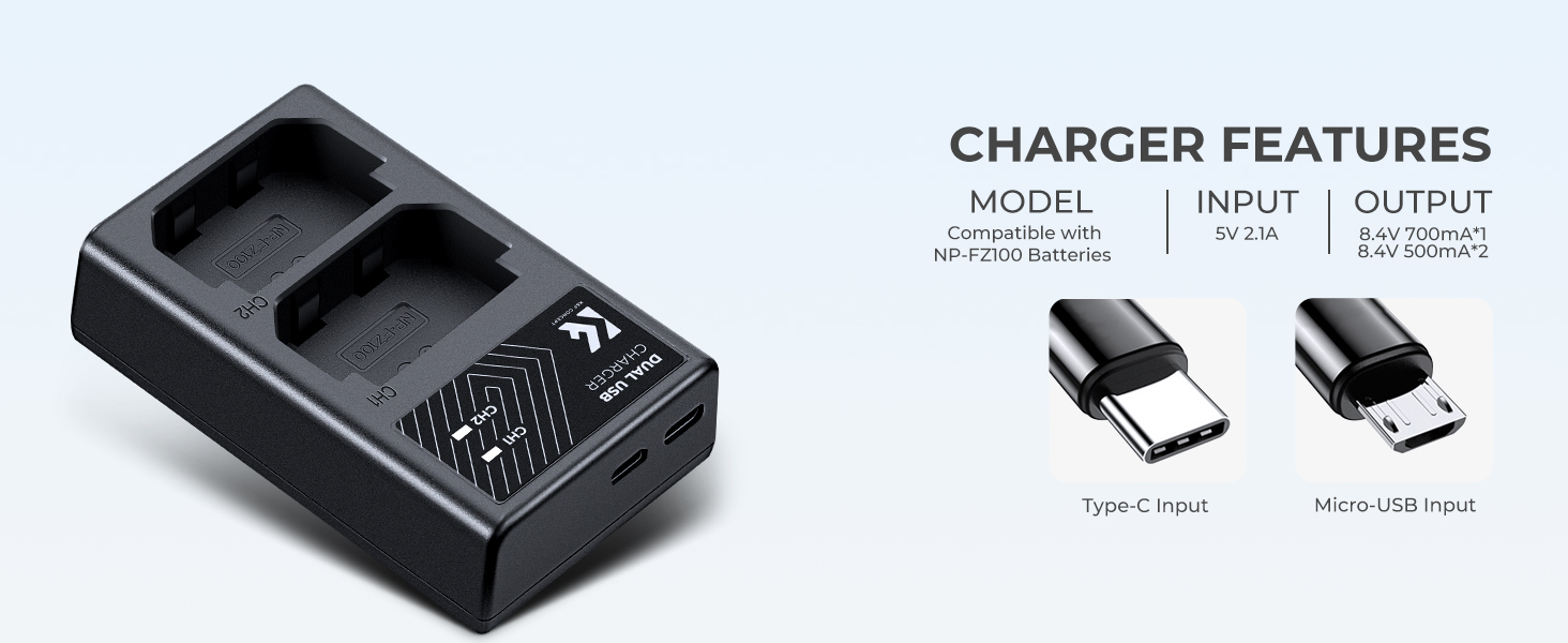 K&F Concept NP-FZ100 Battery Charger, Dual Slot Fast Charger for Sony NP-FZ100 Battery ...