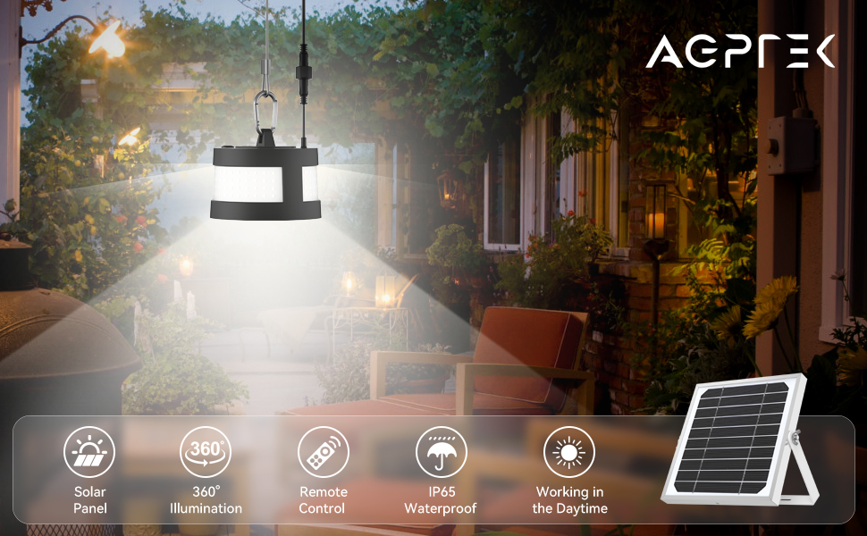 Lampes solaires portables pour intérieur et extérieur, AGPTEK 360 ° avec crochet amovible et ...