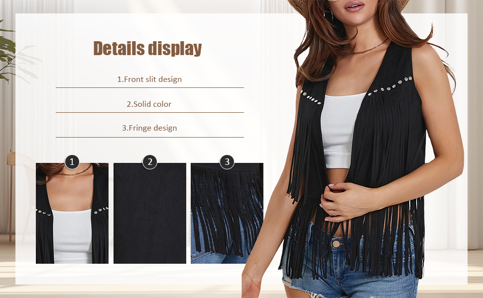 MBZJSDKHLK Women Tassel Vest 70s Hippie Faux Suede Rivets Sleeveless Fringe Waistcoat Open Front ...