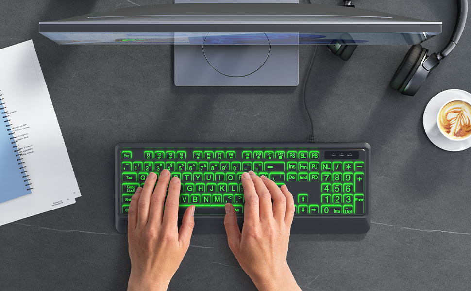 Backlit Wired Keyboard - Large Print Computer Keyboard with 7 Colors ...