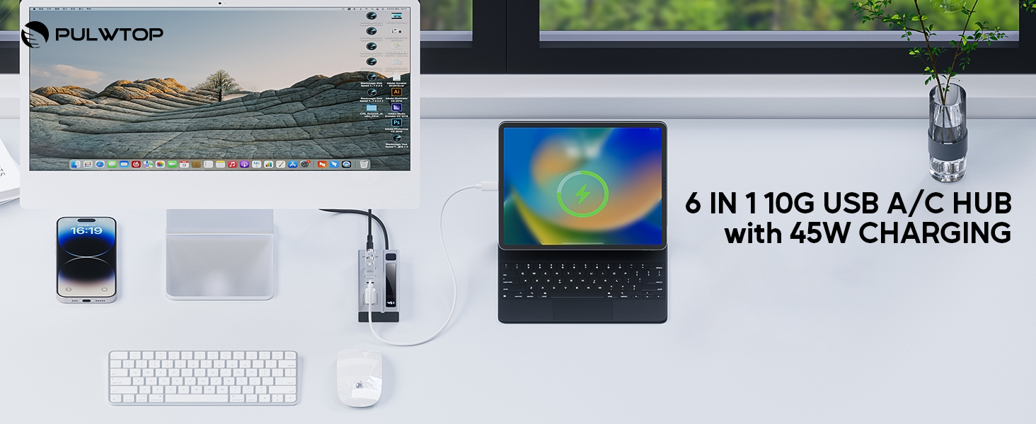 Pulwtop Powered Usb Hub With 72w Adapter 6 In 1 Multiport 2 Usb A 2 Usb C Pd Charging Max
