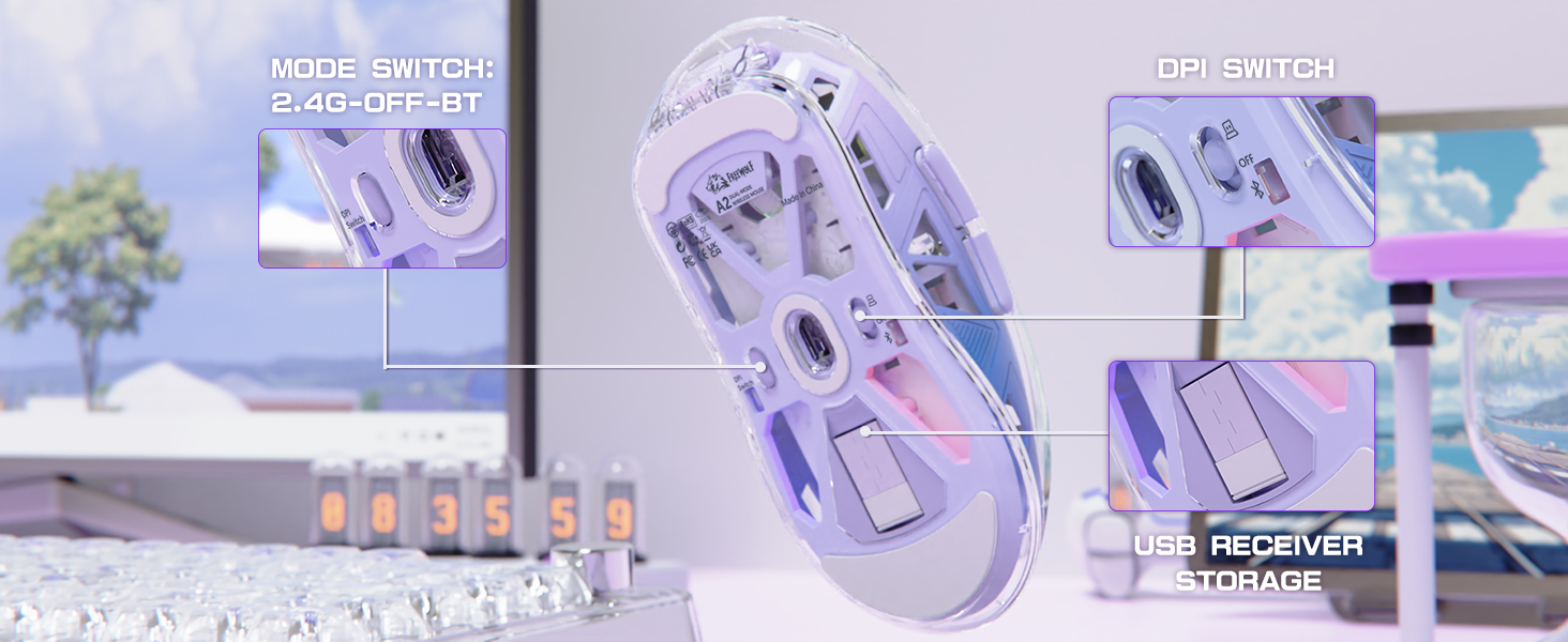 ZIYOU LANG x FREEWOLF Wireless Gaming Mouse, PixArt PAW3212 Dual Mode 2.4G/Bluetooth Transparent ...