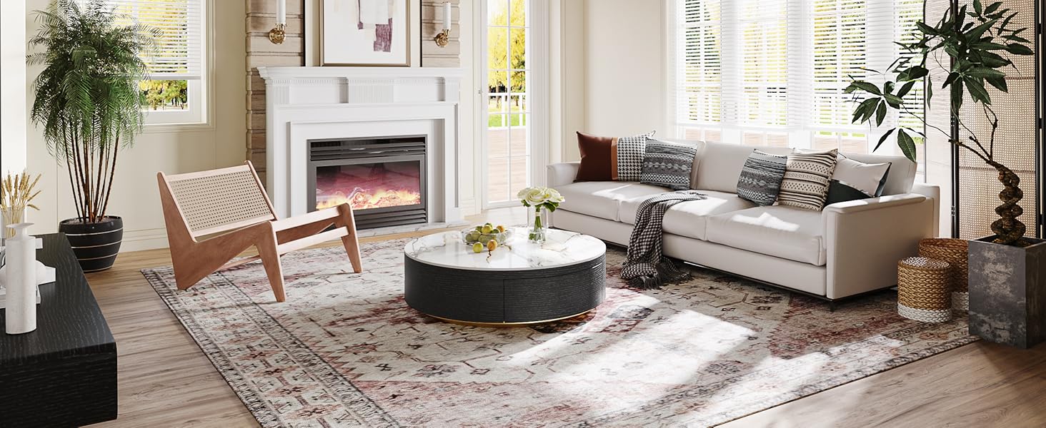 Amazon.com: POVISON Modern Round Coffee Table with Storage, Sintered Stone Top Drum Coffee Table ...