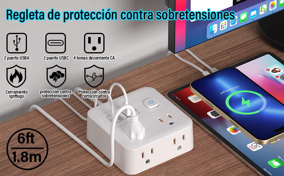 LEMONSEA Multicontacto Regleta Extension Electrica con Protector Supresor de Picos Voltaje ...