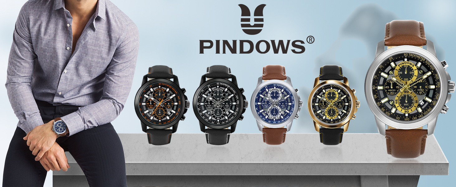 Amazon | PINDOWSメンズ用腕時計、防水仕様のメンズアナログクオーツクロノグラフ腕時計ビジネスカジュアルドレスウォッチブラックブラウンレザーストラップ付き | 腕時計 ...
