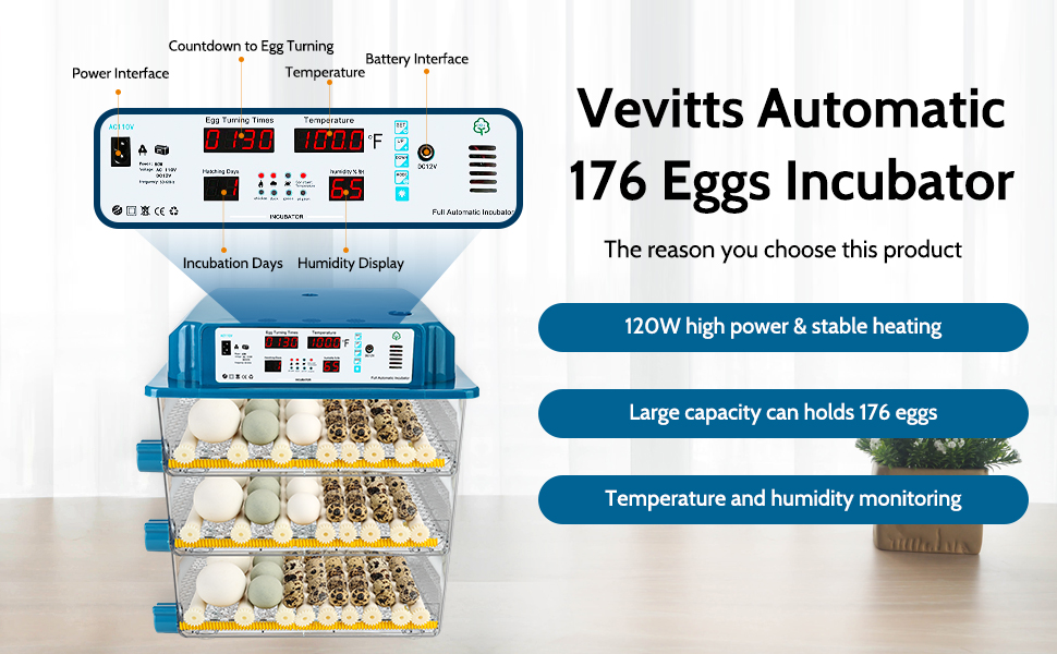 Amazon.com: Vevitts Automatic Egg Incubator 176 Egg Incubator Digital Automatic Hatcher with Egg ...
