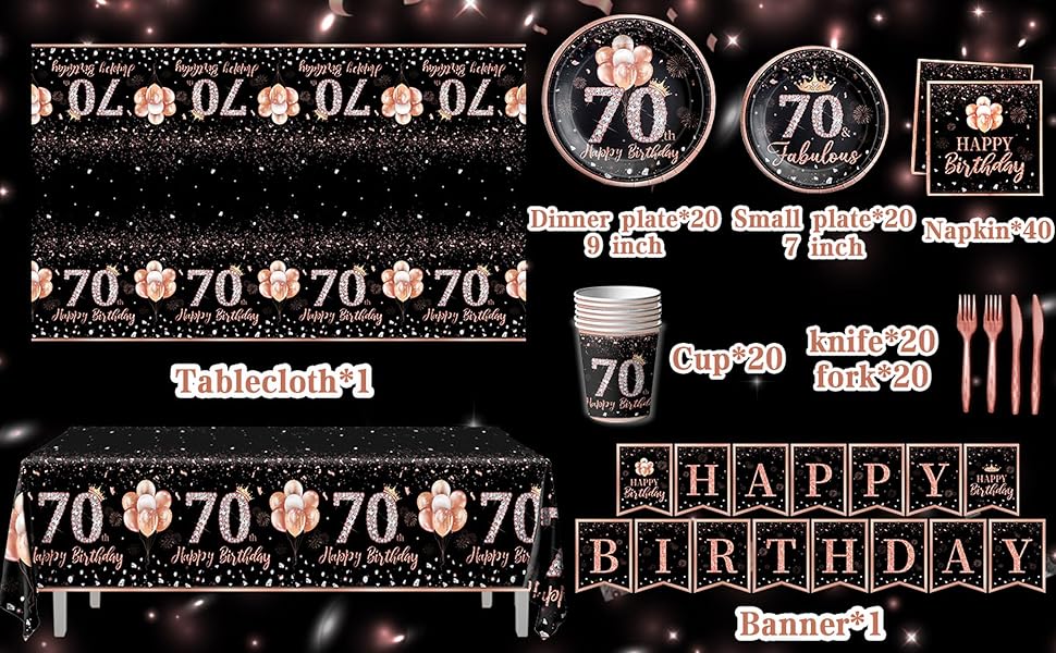Amazon.com: 142Pcs 70th Birthday Tableware Decorations for Women Rose Gold Happy 70 Birthday ...