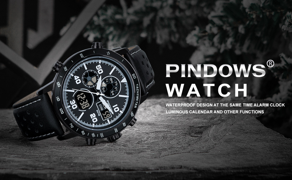 PINDOWS Watches for Men, Men Digital Analog Luxury Casual Dual Time Leather Wristwatch ...