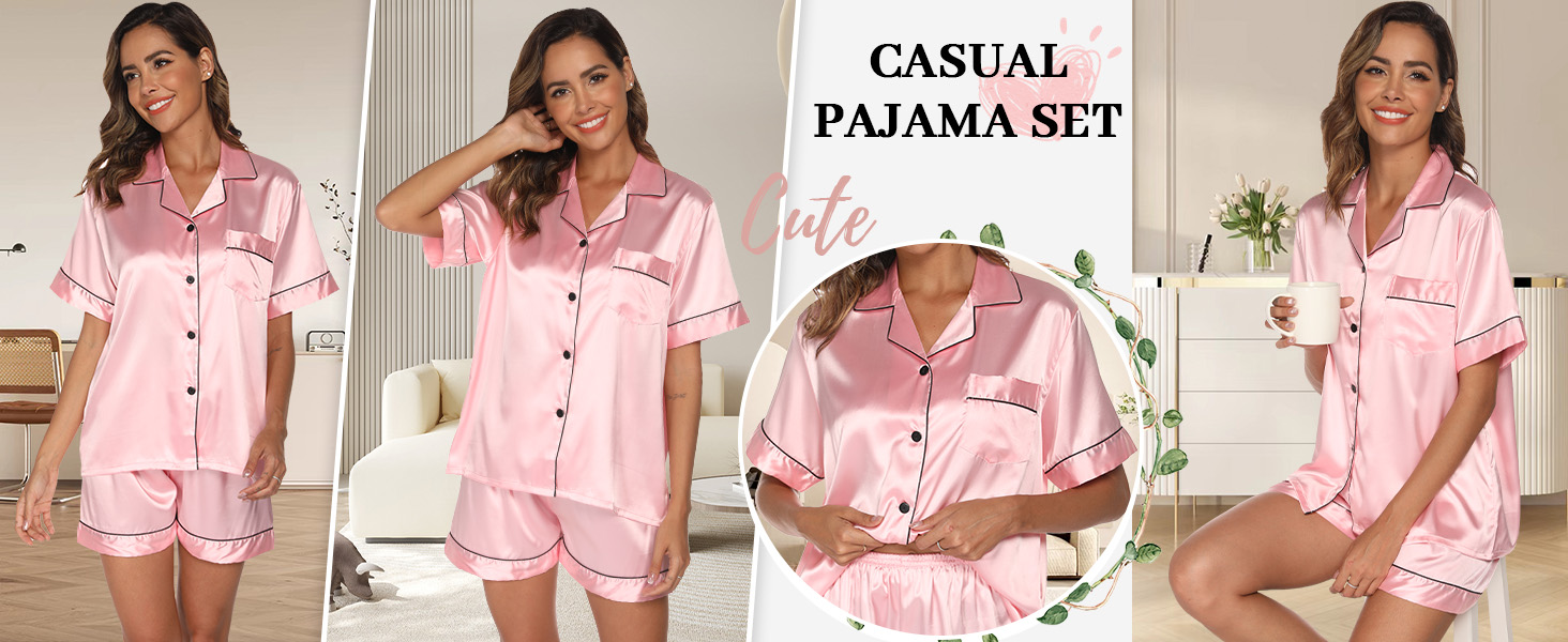 Reliwel Womens Silk Satin Pajamas Set 2 Piece Soft Button Down Loungewear Pjs Sets Summer Short ...