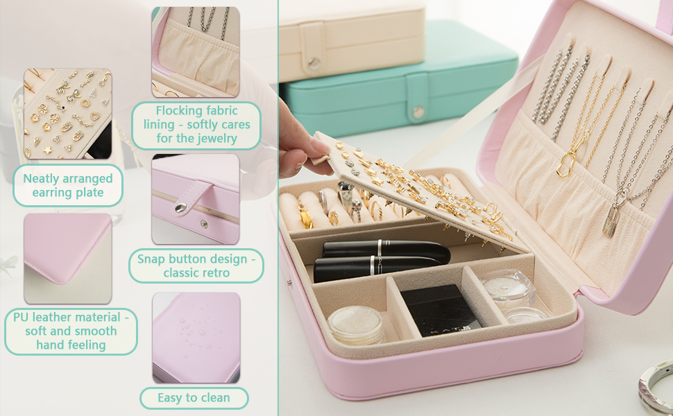 Terafeels Jewellery Box Organiser Portable Jewelry Storage Case with Removable Tray for Women PU ...
