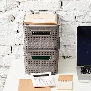 Amazon.com: EZOWare Set of 8 Gray Plastic Woven Knit Baskets, Storage ...