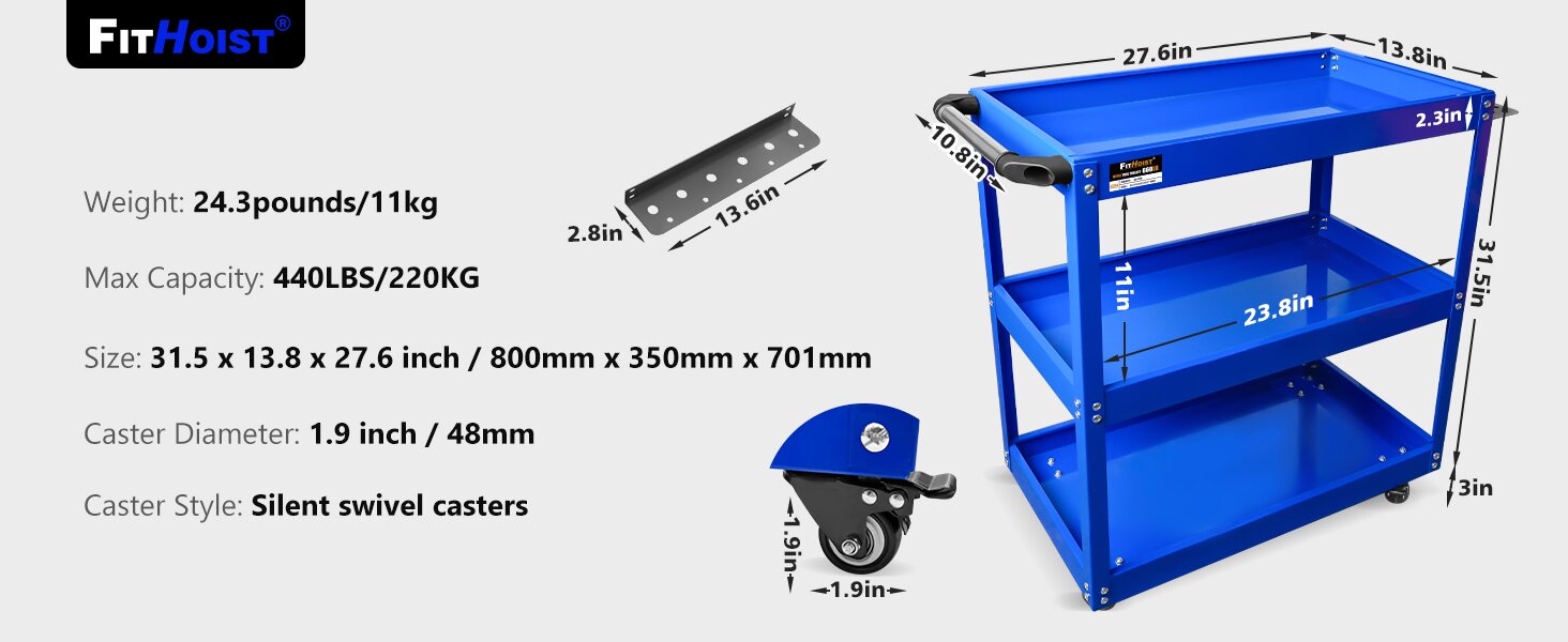Amazon.com: FITHOIST 3-Tier Rolling Tool Cart, Thickened 440LBS Metal Mechanic Tool Cart on ...