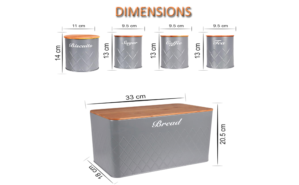 NTEK 5pc Kitchen Storage Bamboo Lid Set Includes Tea, Coffee, Sugar, Bread and Biscuit Barrel ...