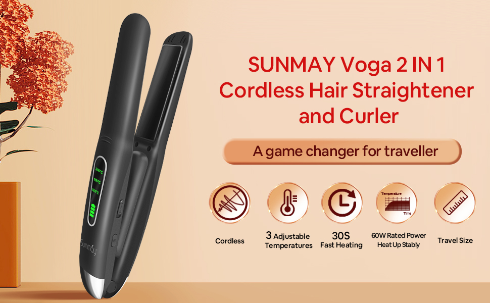SUNMAY Voga 2 in 1 Cordless Hair Straighteners and Curler, Travel Wireless Portable USB ...