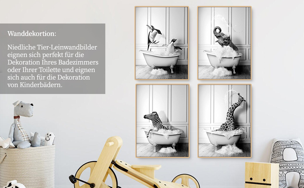 Amazon.de: Martin Kench 4er Schwarz-Weiß Poster Set, Badezimmer Bilder Tiere in der Badewanne ...