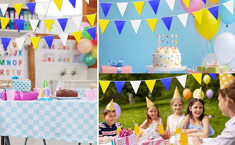 Amazon.com : LoveVC 100 Feet Blue Yellow White Pennant Banner Flags ...